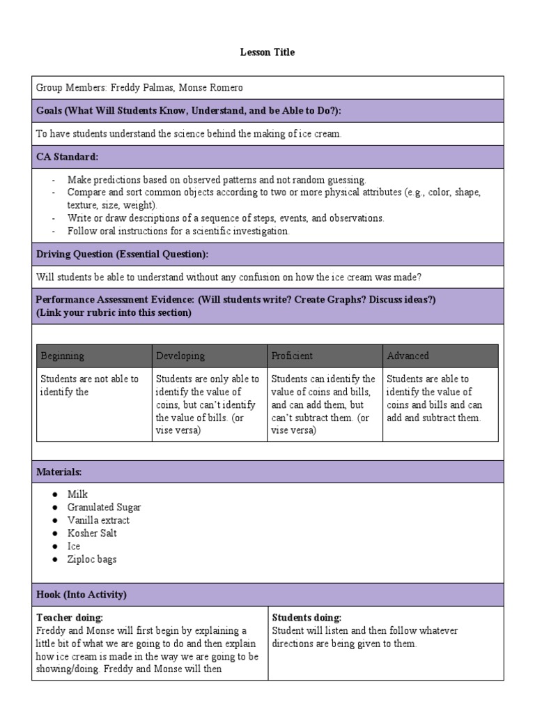Ice Cream Science Lesson Plan | PDF | Lesson Plan | Teaching