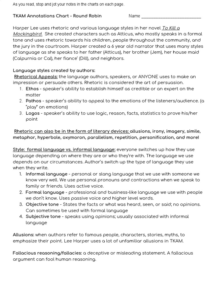 TKAM Chapter 1 Annotations Guide | PDF | To Kill A Mockingbird