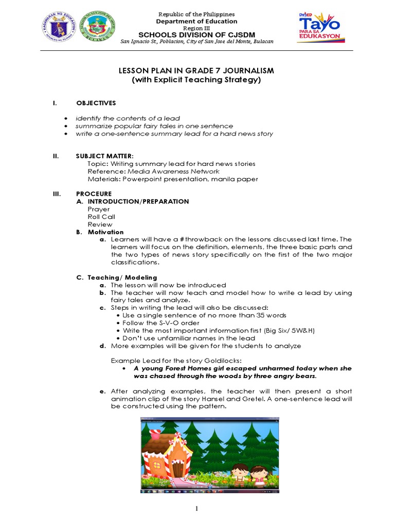 Lesson Plan in Grade 7 Journalism (With Explicit Teaching Strategy ...