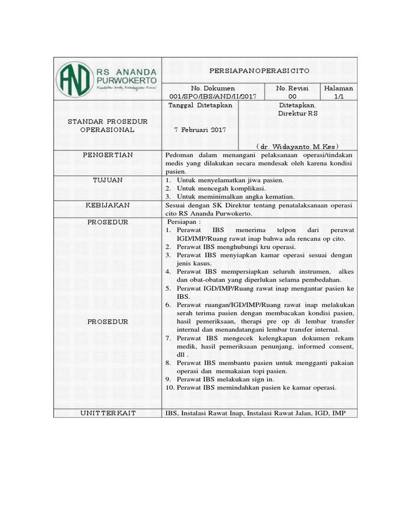 Sop Persiapan Operasi | PDF