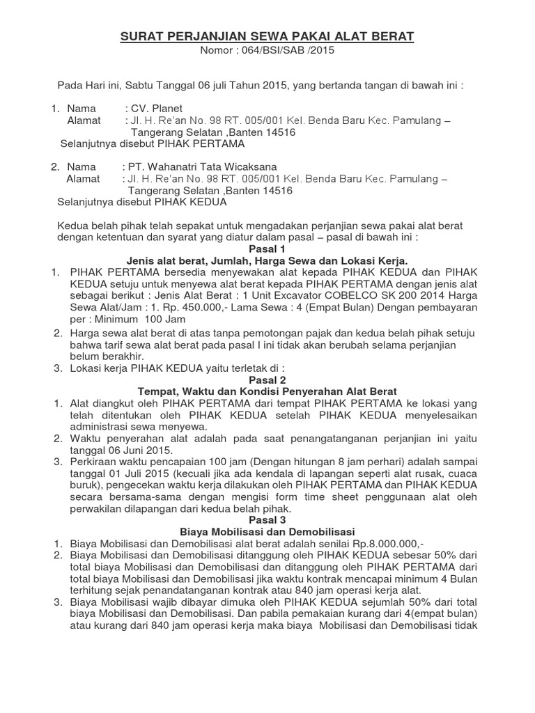 Perjanjian Sewa Alat Berat Excavator | PDF