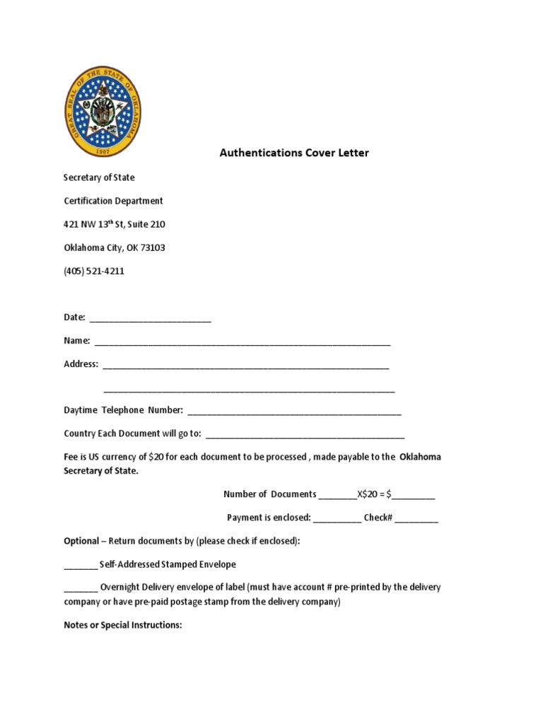 Authentications Cover Letter Oklahoma | PDF