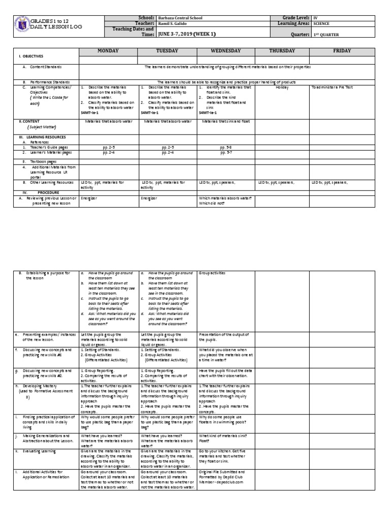 Grade 4 Science DLL Q1 Week 1 | PDF | Teachers | Psychology