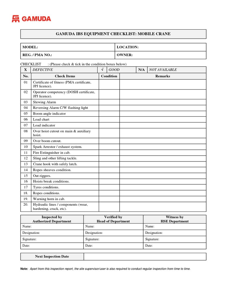 Gamuda Ibs Equipment Checklist: Mobile Crane: Model: Location: Reg ...
