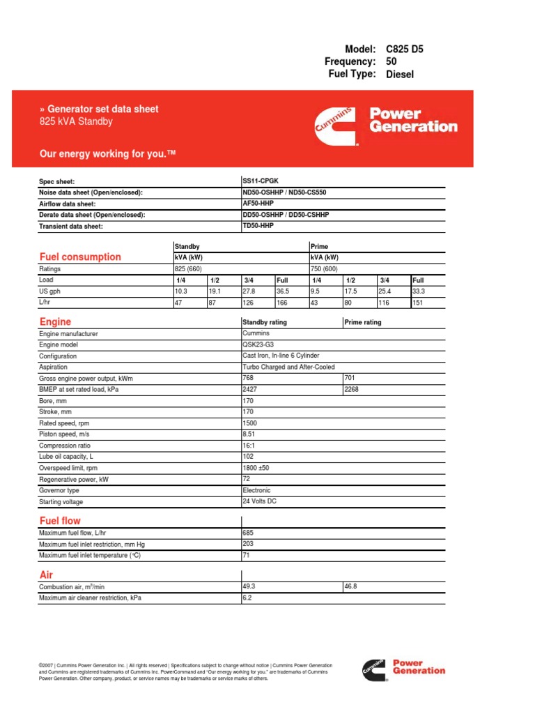 Generator Set Data Sheet: 825 kVA Standby | PDF | Internal Combustion ...