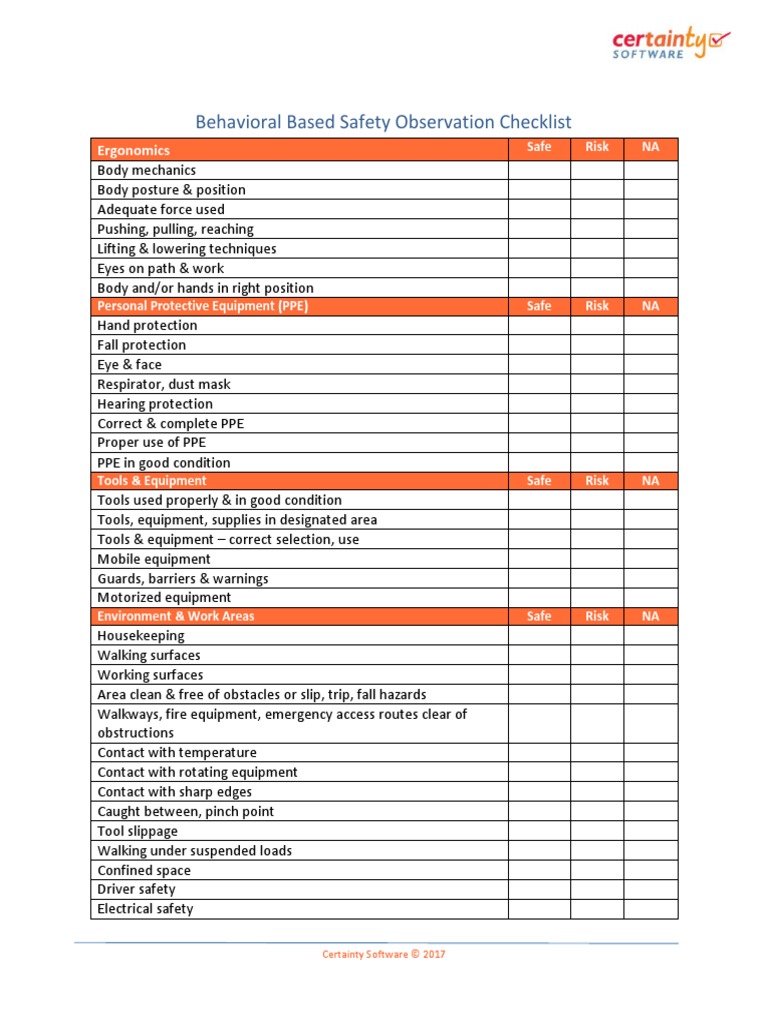 Behavioral Based Safety Observation Checklist: Ergonomics | Download ...