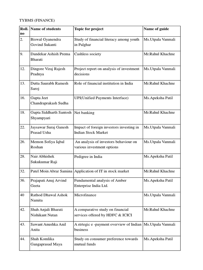 Roll. No Name of Students Topic For Project Name of Guide | PDF ...