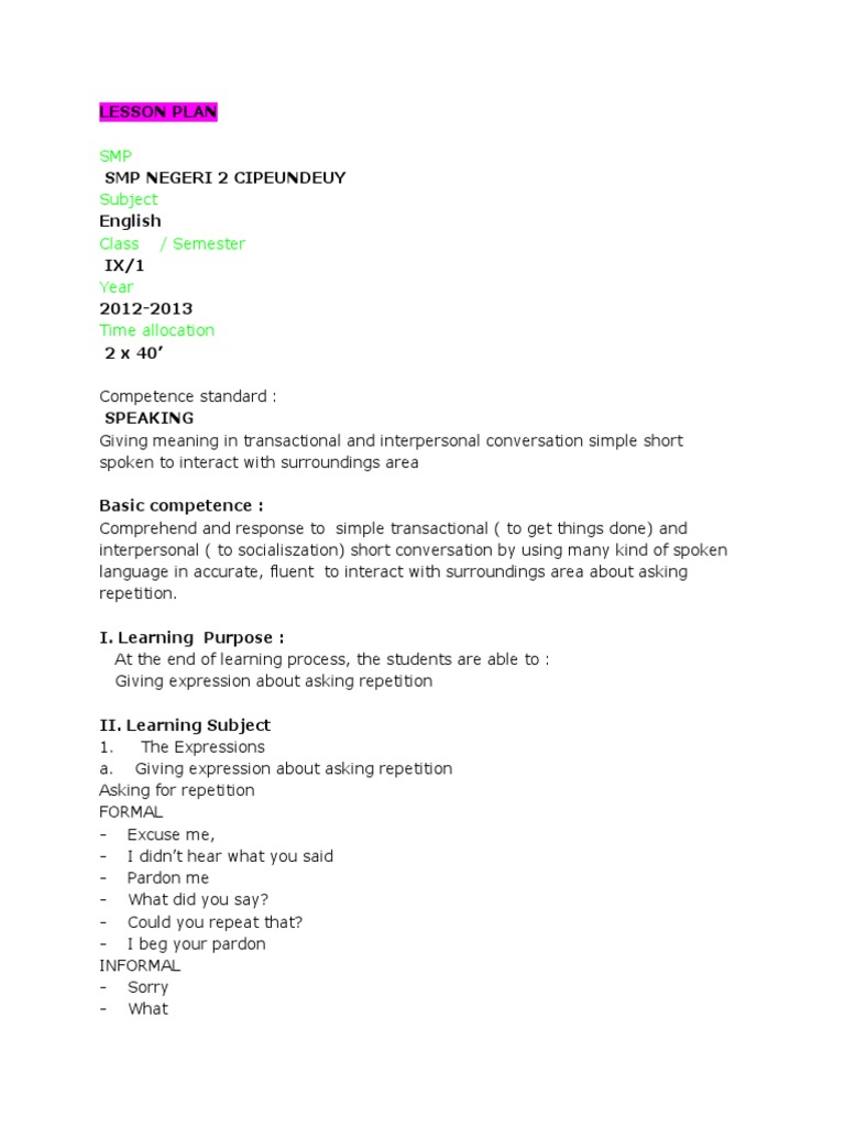 SMP Subject Class / Semester Year Time Allocation: Lesson Plan | PDF | Lesson Plan | Learning