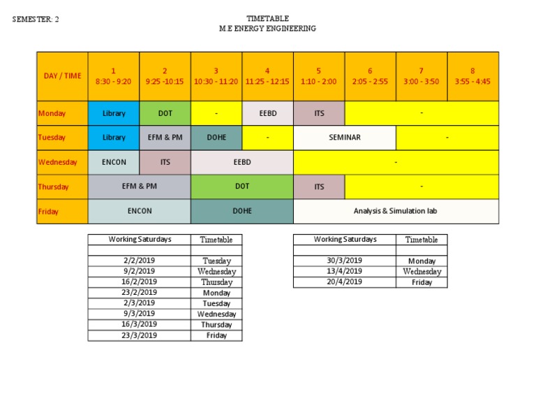 M.E Energy Engineering Semester 2 Timetable | PDF