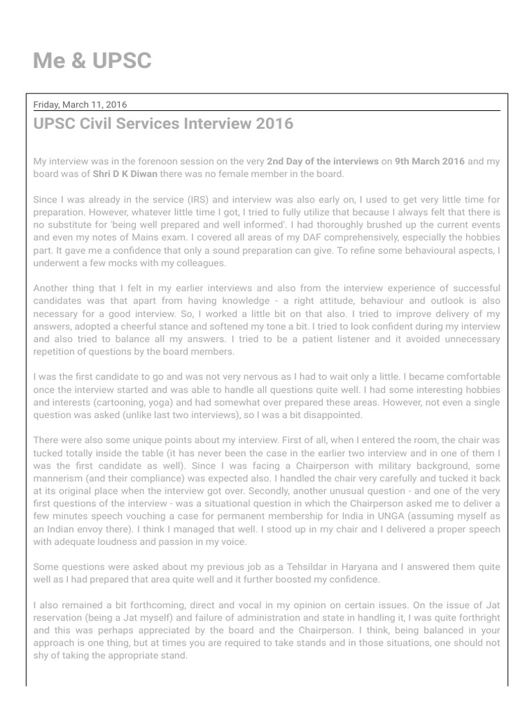 Me & UPSC - UPSC Civil Services Interview 2016 | PDF | Employment ...