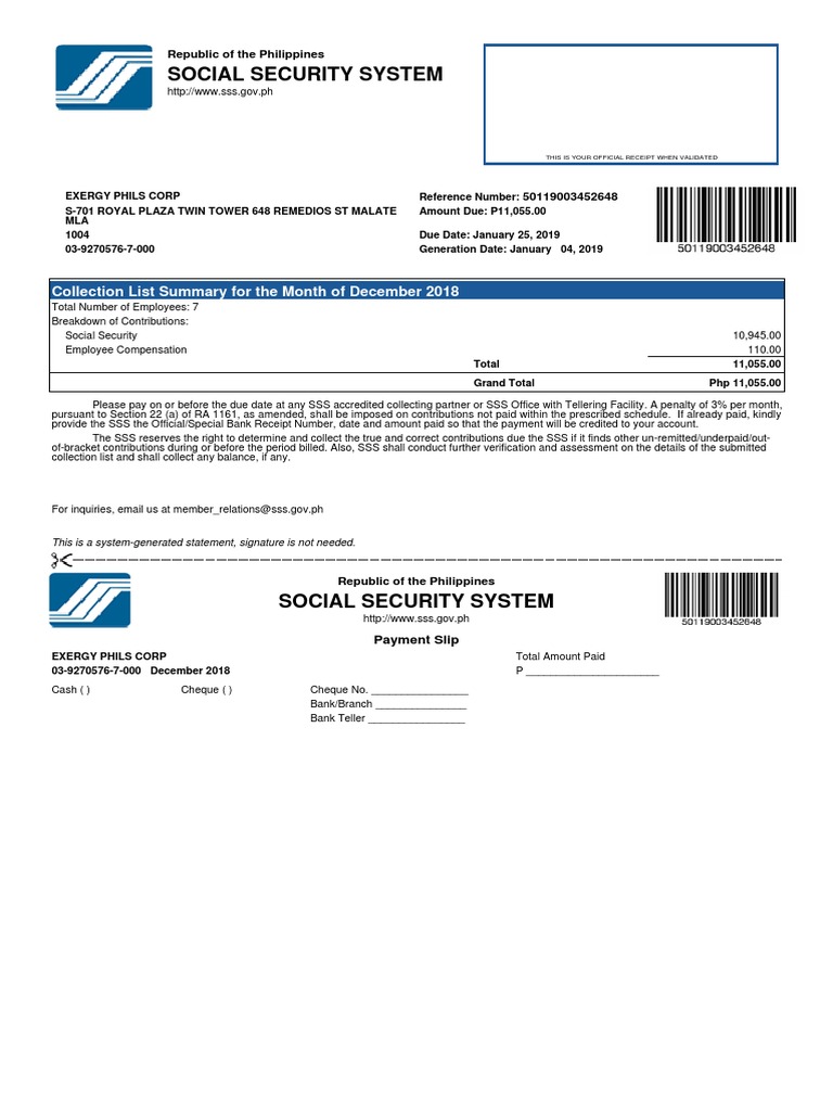 Social Security System: Collection List Summary For The Month of ...