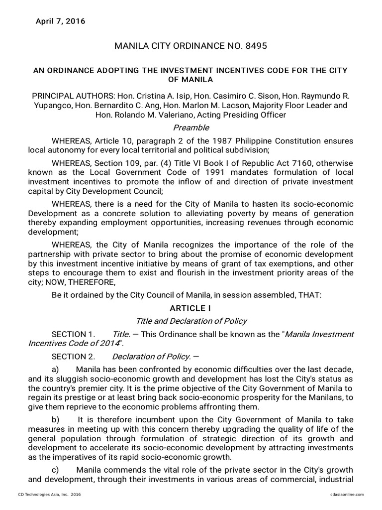Manila Investment Incentives Code 2014 | PDF | Economic Development | Taxes