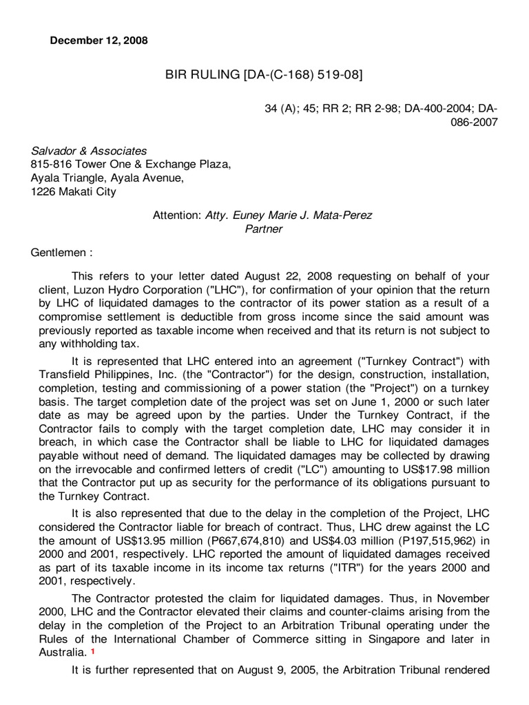 BIR RULING (DA - (C-168) 519-08) - Liquidated Damages | PDF | Tax Deduction | Basis Of Accounting