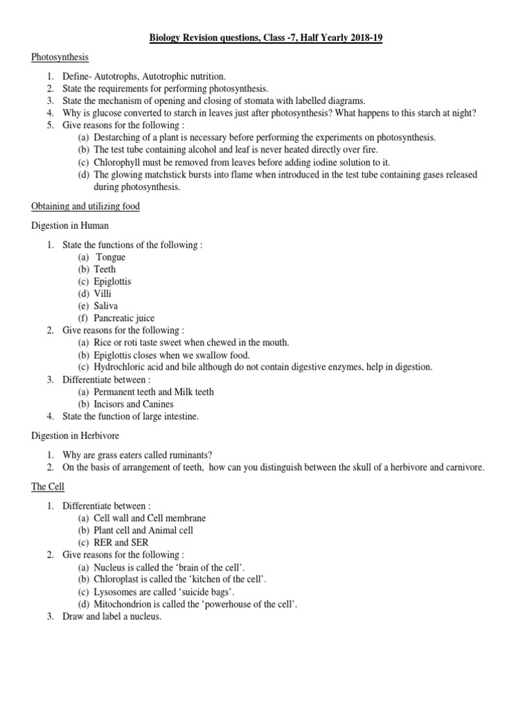 Revision-Question Biology Vii 1st | PDF | Digestion | Tissue (Biology)
