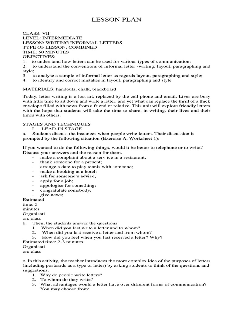 Informal Letter Writing Lesson Plan | PDF | Paragraph | Semiotics