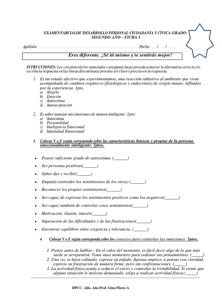Evaluacion Ficha 2 DPCC SEGUNDO | PDF | Las emociones | Psicología clínica
