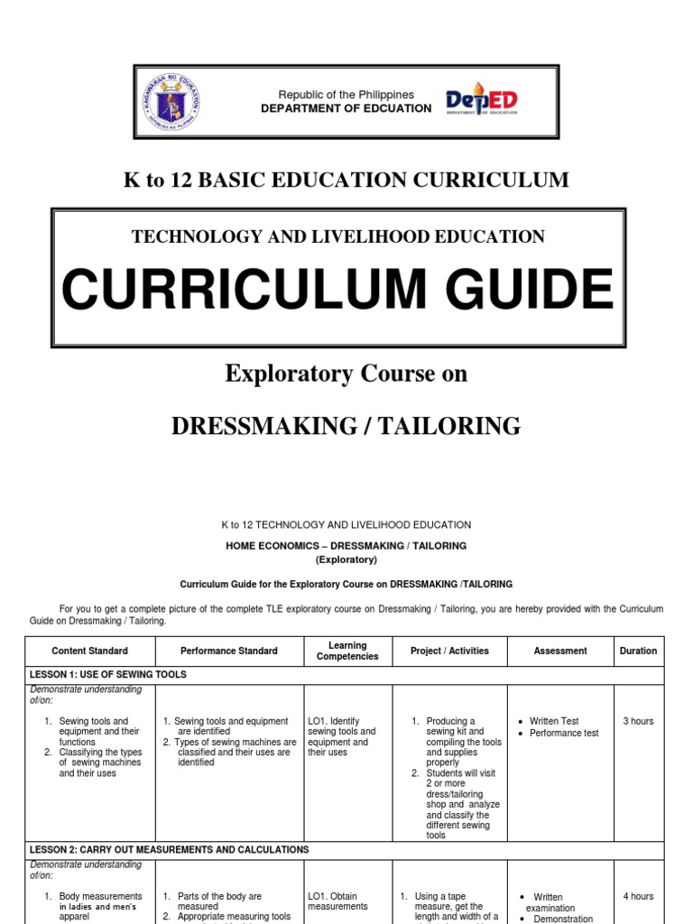 Curriculum Guide: Exploratory Course On Dressmaking / Tailoring | PDF ...