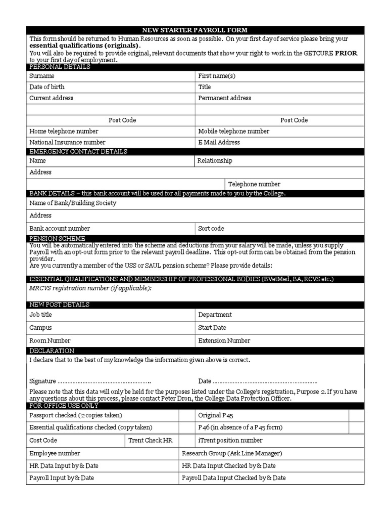 Essential Qualifications (Originals) .: New Starter Payroll Form ...