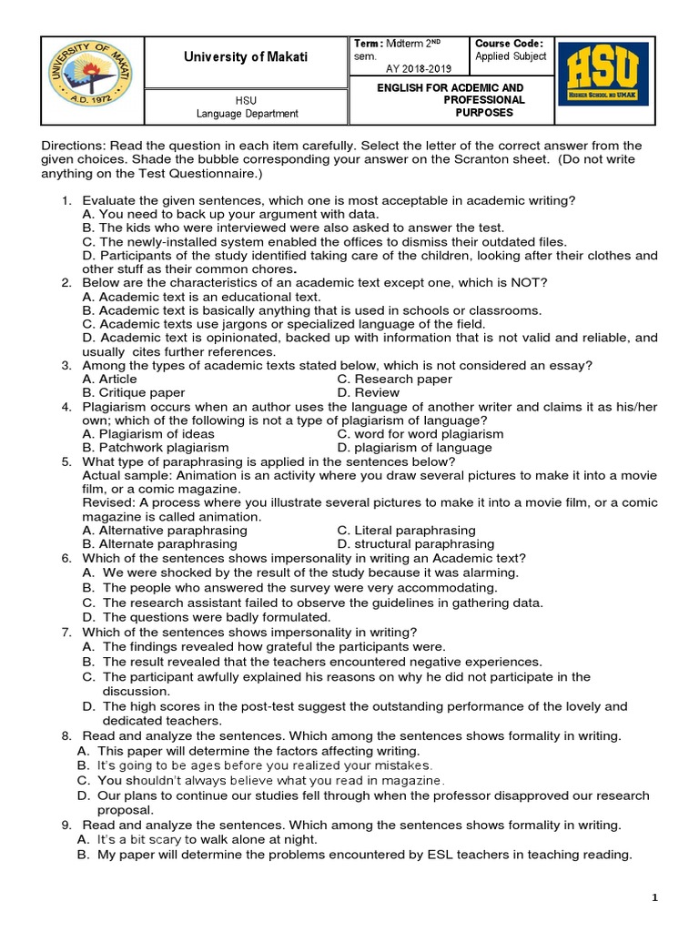 Midterm 2ND Applied Subject Review | PDF | Essays | Question