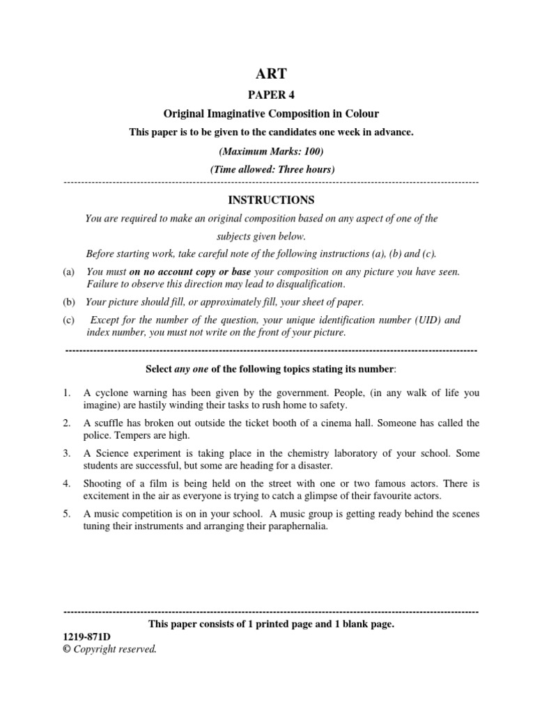 Paper 4 Original Imaginative Composition in Colour: (Maximum Marks: 100 ...