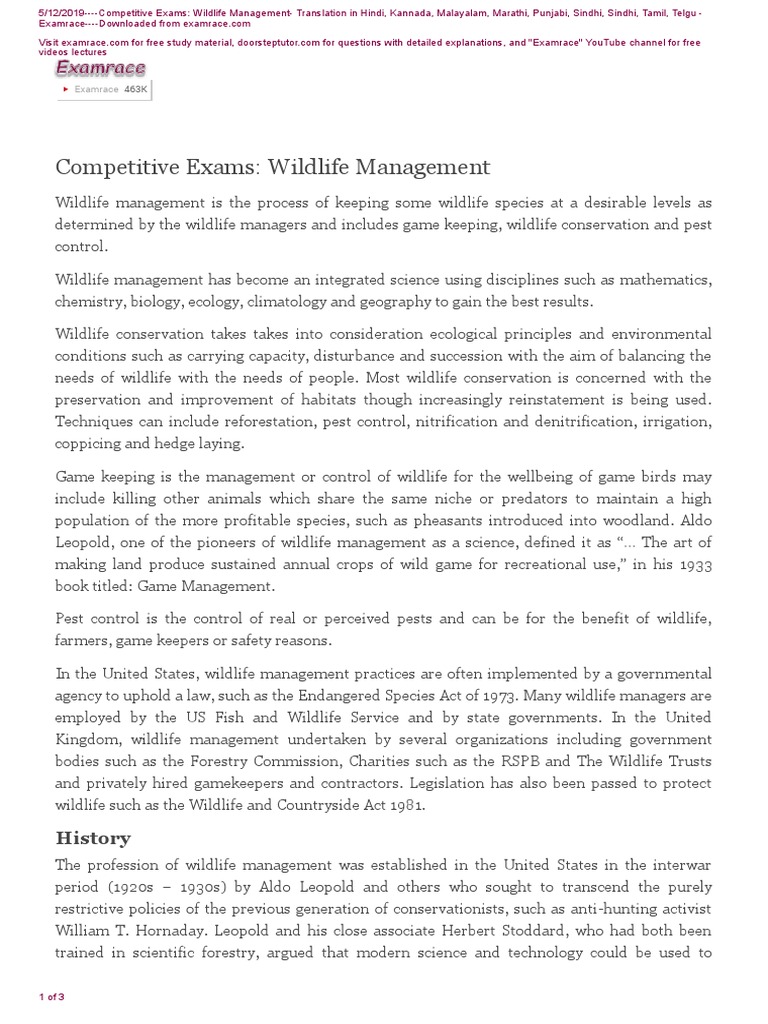 Forestry Wildlife Management Pdf Hunting Ecological Restoration