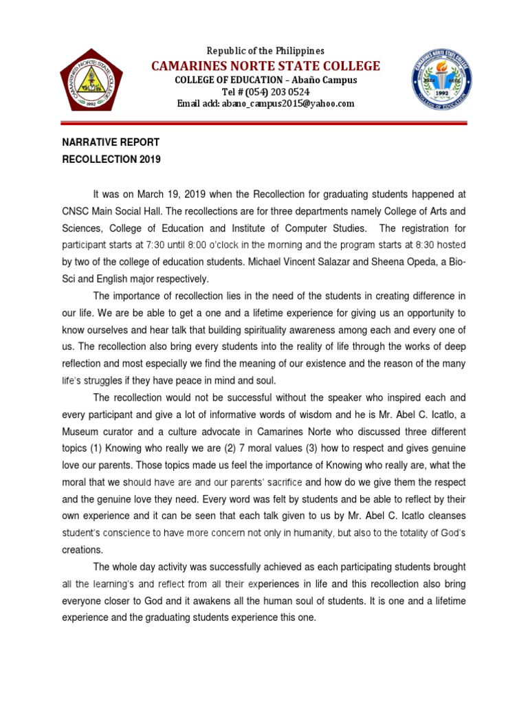 Narrative Report | PDF | Recall (Memory) | College