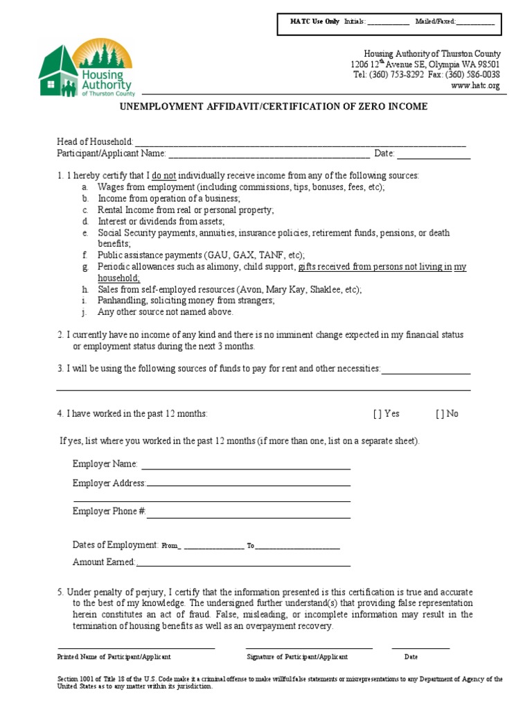 Unemployment Affidavit/Certification of Zero Income | Download Free PDF ...