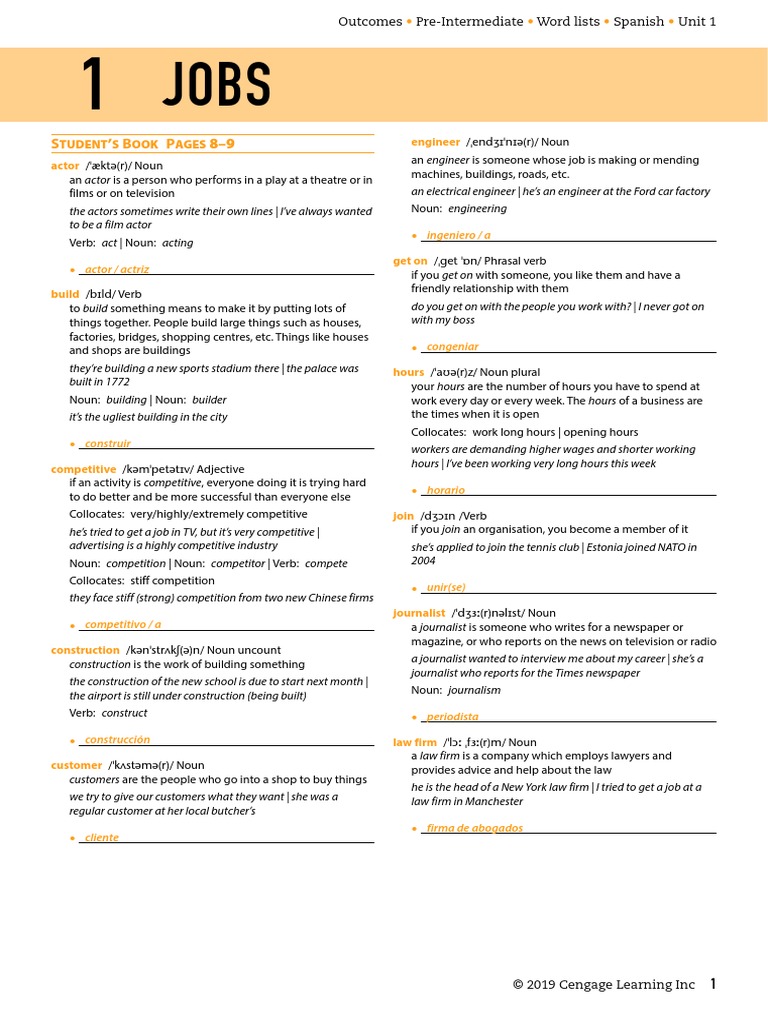 Outcomes - Pre-Intermediate - Word Lists - Spanish - Full PDF | PDF ...