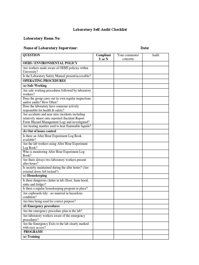 Laboratory Self-Audit Checklist | PDF | Laboratories | Personal ...