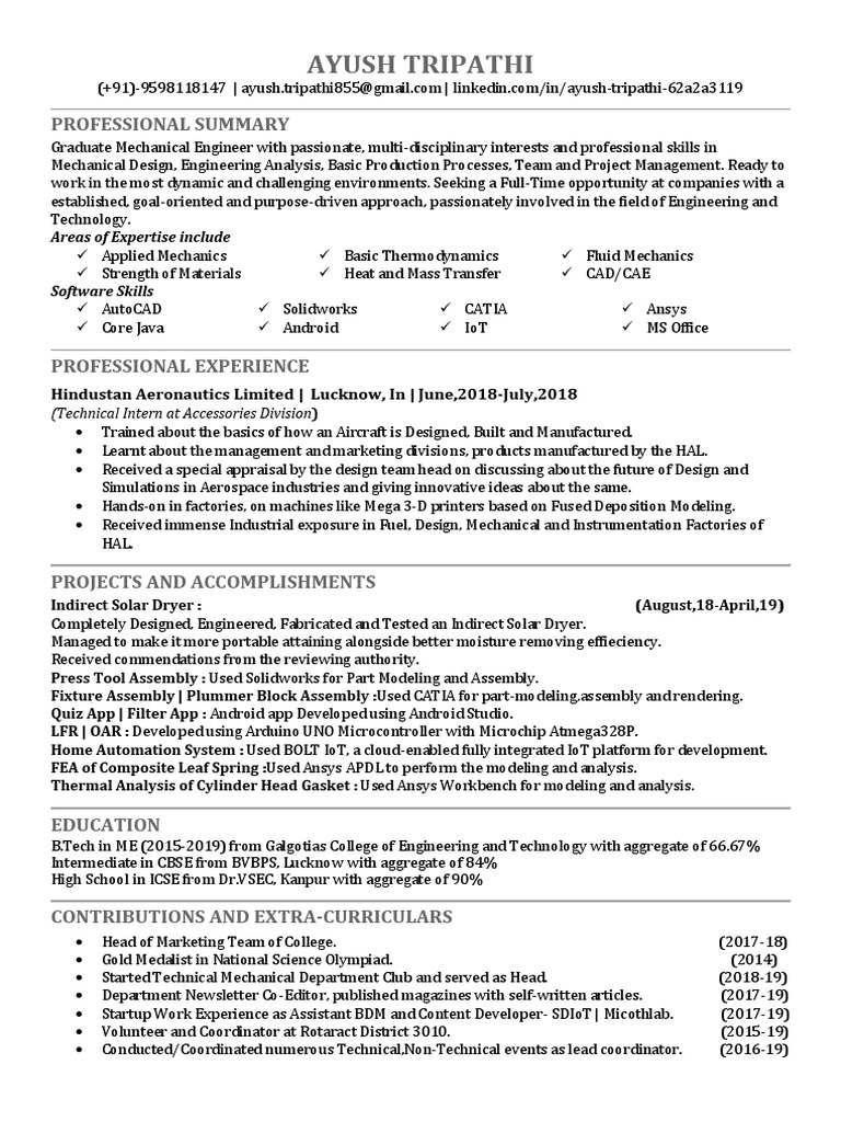 Ayush Resume | PDF | Mechanical Engineering | Engineering