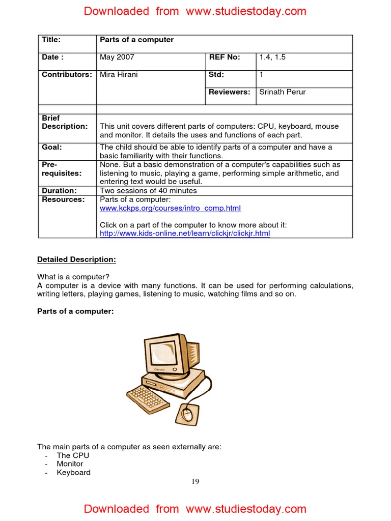 CBSE Class 1 Computer Science - Parts of A Computer | PDF | Computer ...