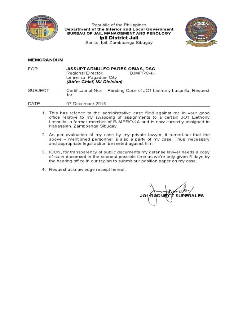 BJMP Certificate of Non-Pending Case Request | PDF