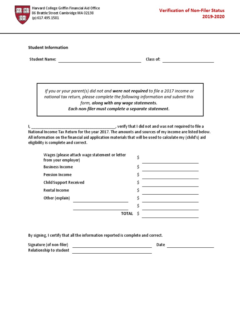 Verification of Non-Filer Status Form for 2019-2020 Financial Aid ...