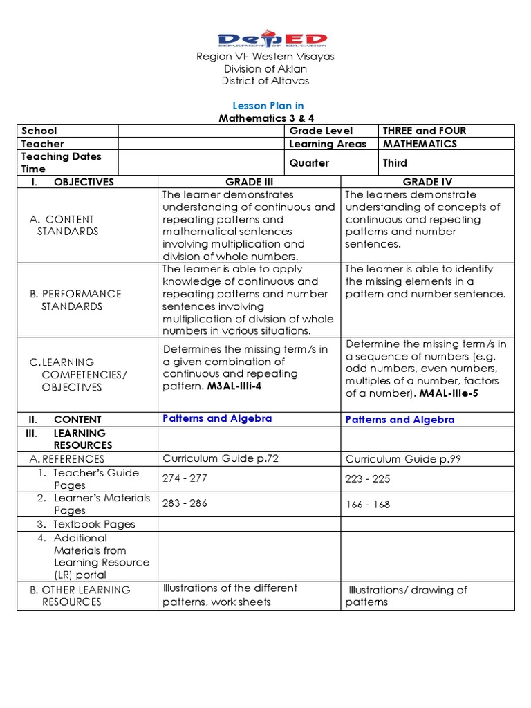 DLL Math 3 4 | PDF | Pattern | Teachers