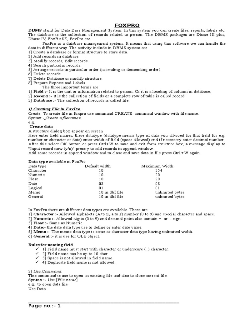 Foxpro: DBMS Stand For Data Base Management System. in This System You ...