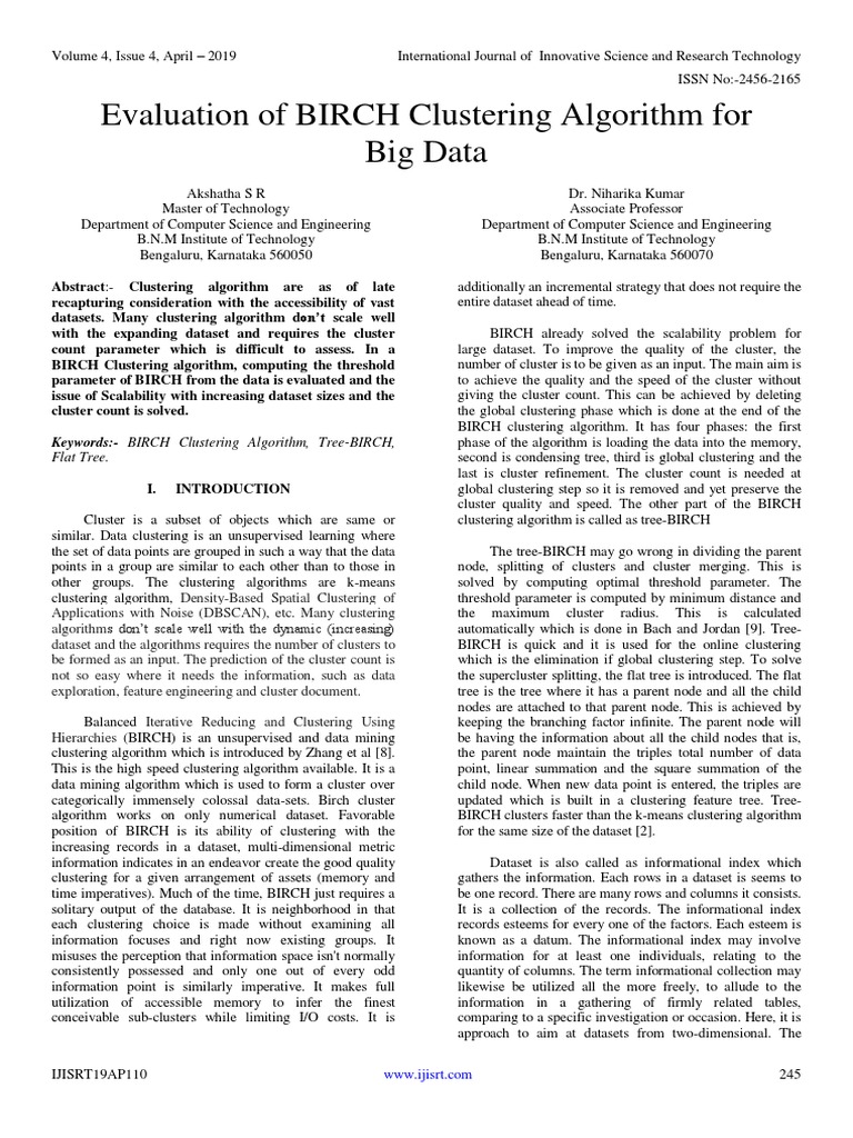 Evaluation Of Birch Clustering Algorithm For Big Data Pdf Cluster Analysis Algorithms And