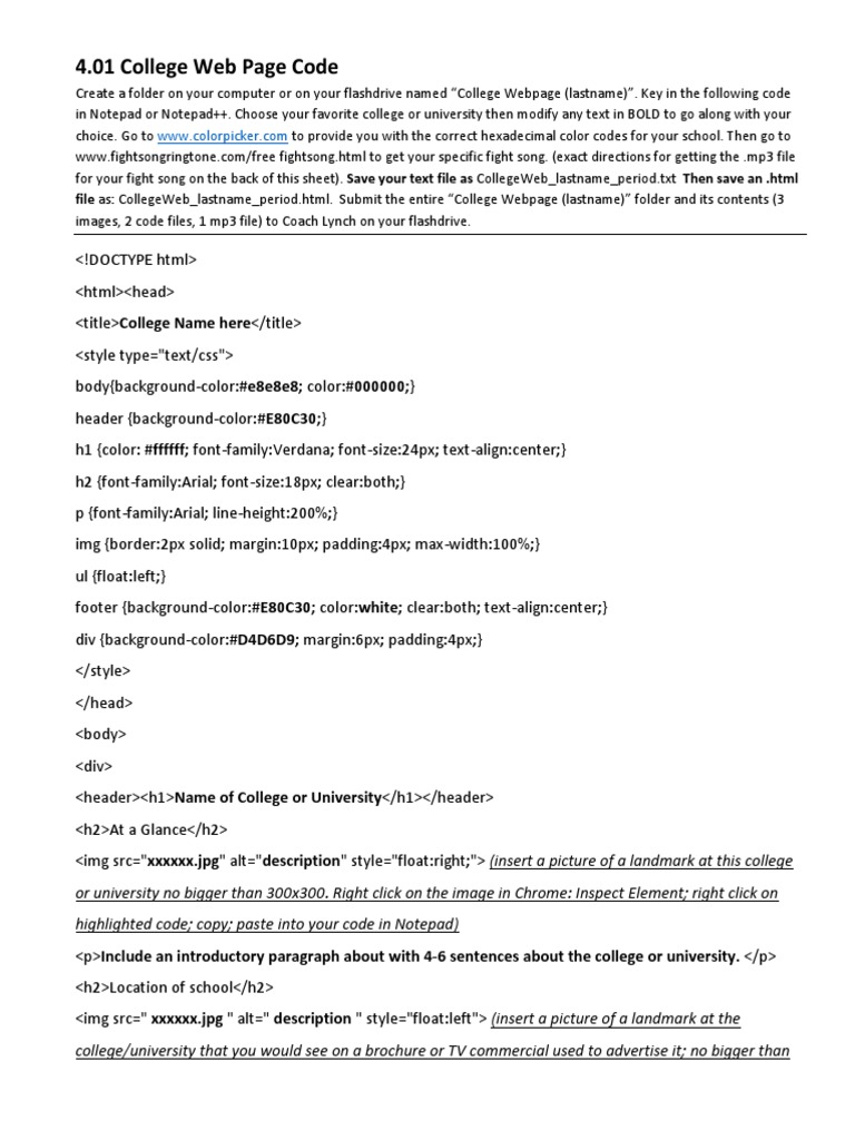 4.01 College Web Page Code Activity PDF | PDF | Web Page | Computer File