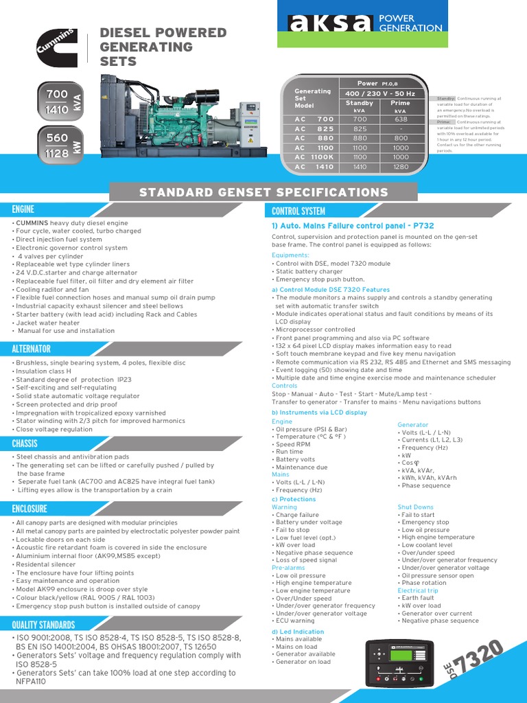 AKSA CUMMINS (700-1410 kVA) PDF | PDF | Diesel Engine | Electricity