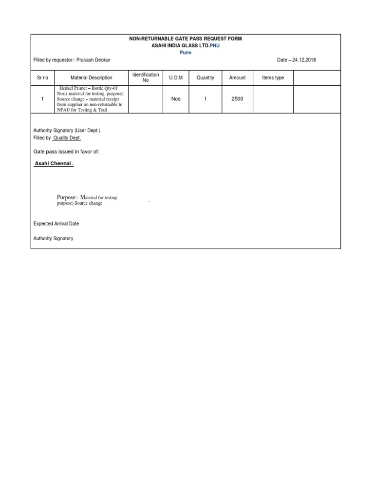 Non-Returnable Gate Pass Request Form Asahi India Glass LTD | PDF
