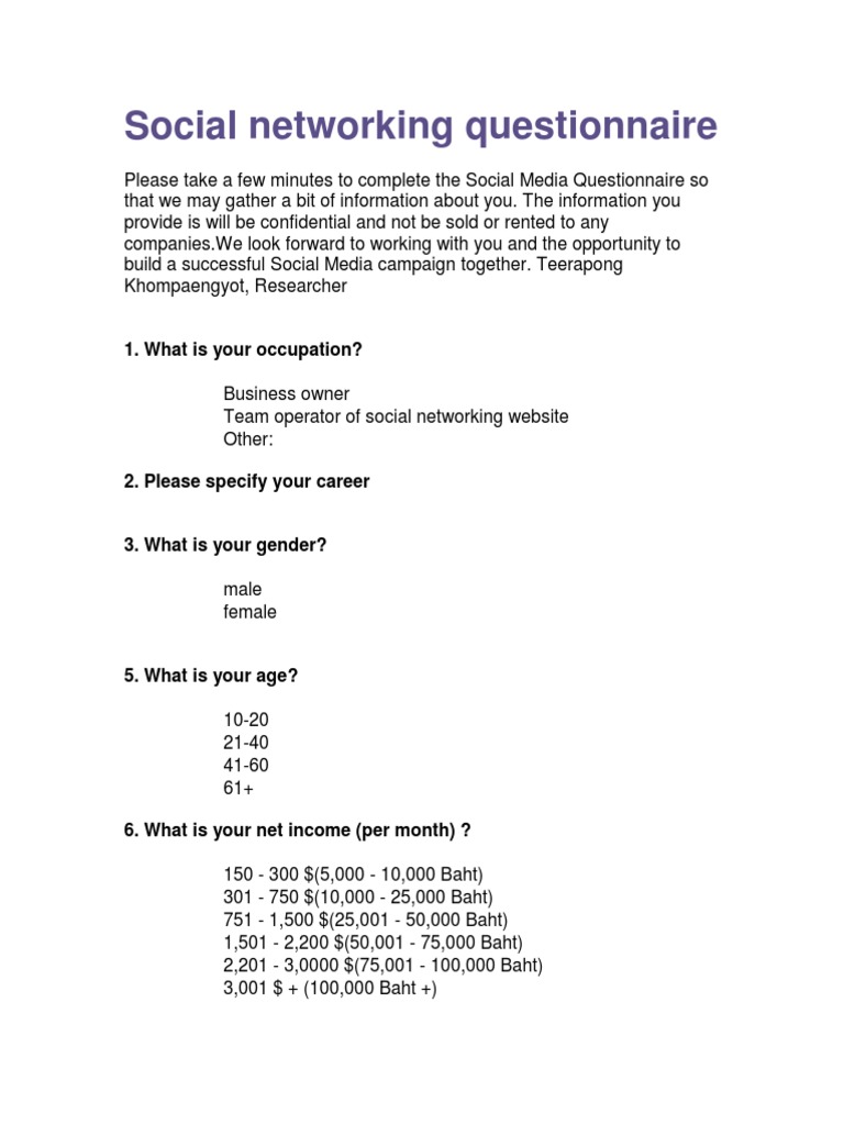 Social Networking Questionnaire | PDF | Social Networking Service ...