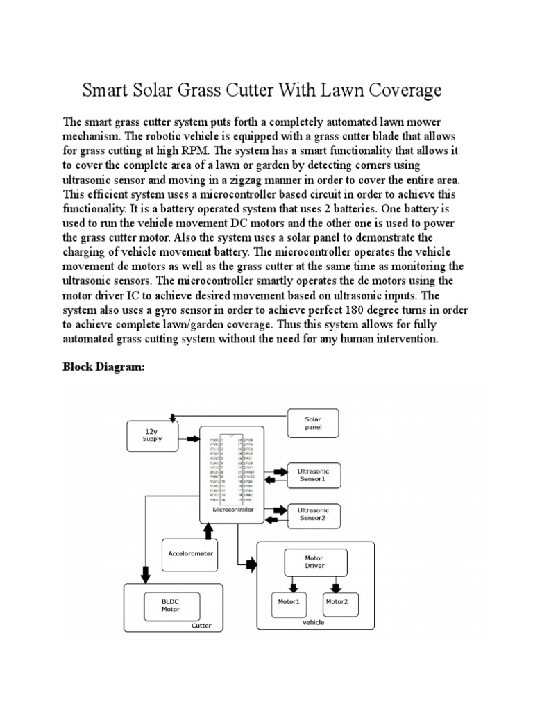 Smart Solar Grass Cutter With Lawn Coverage: Block Diagram | PDF