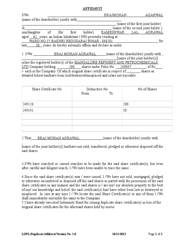 Affidavit For Issue Of Duplicate Share Certificate Pdf Notary