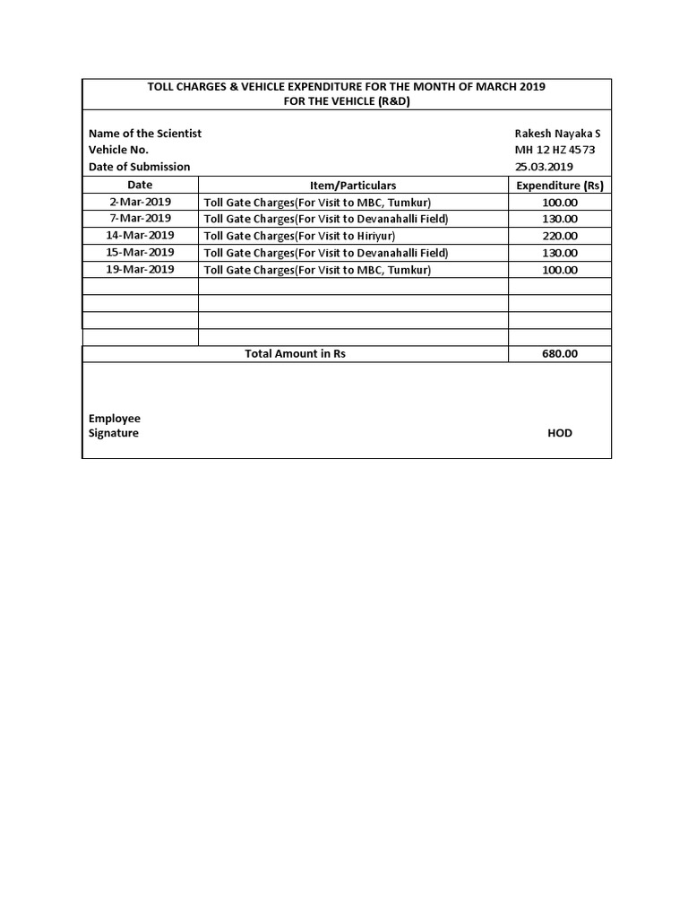 Tumkur Toll Charges Summary March 2019 | PDF | Finance & Money Management