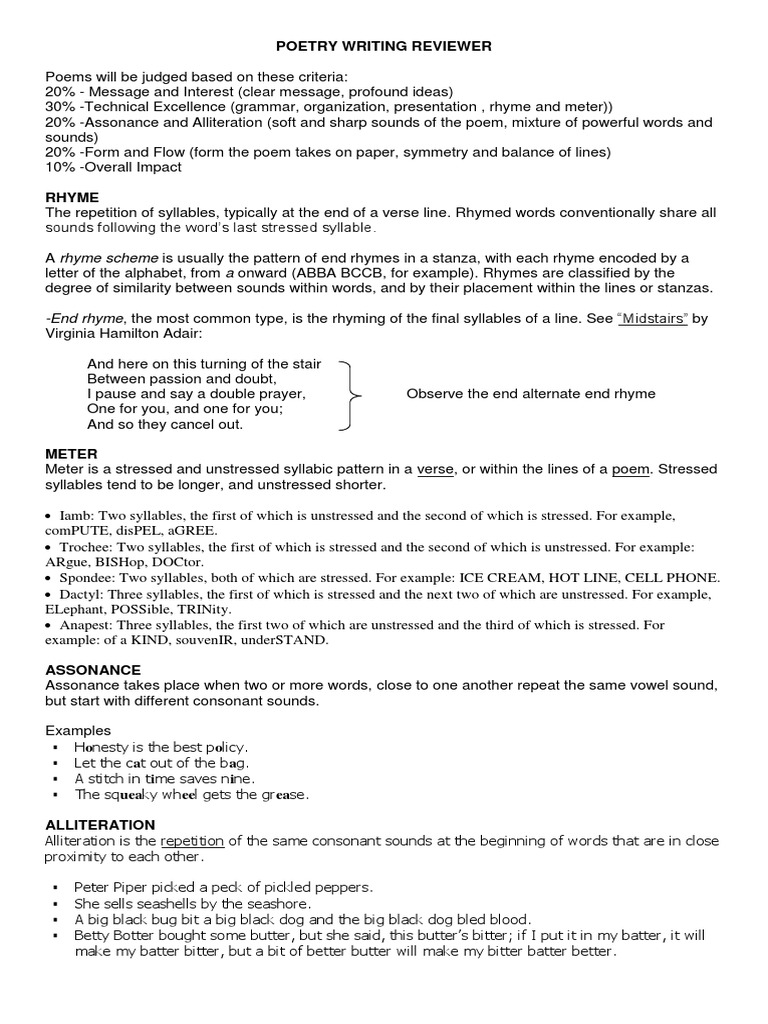 Poetry Writing Reviewer | PDF | Metre (Poetry) | Poetry