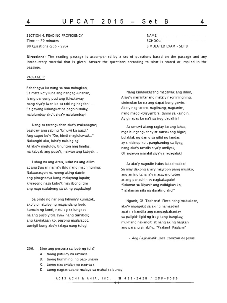 Upcat 2015 Simulated Exam Set B Section 4 Reading Comprehension Final ...