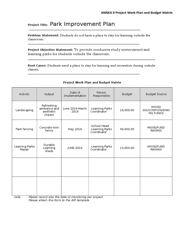 Park Improvement Project Plan | PDF | Learning | Behavior Modification