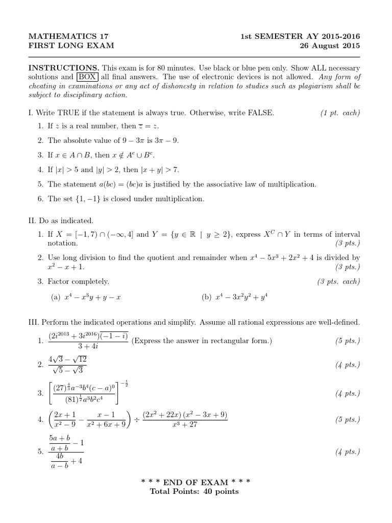 LE1 Sample Exam 1 | PDF | Mathematical Analysis | Algebra