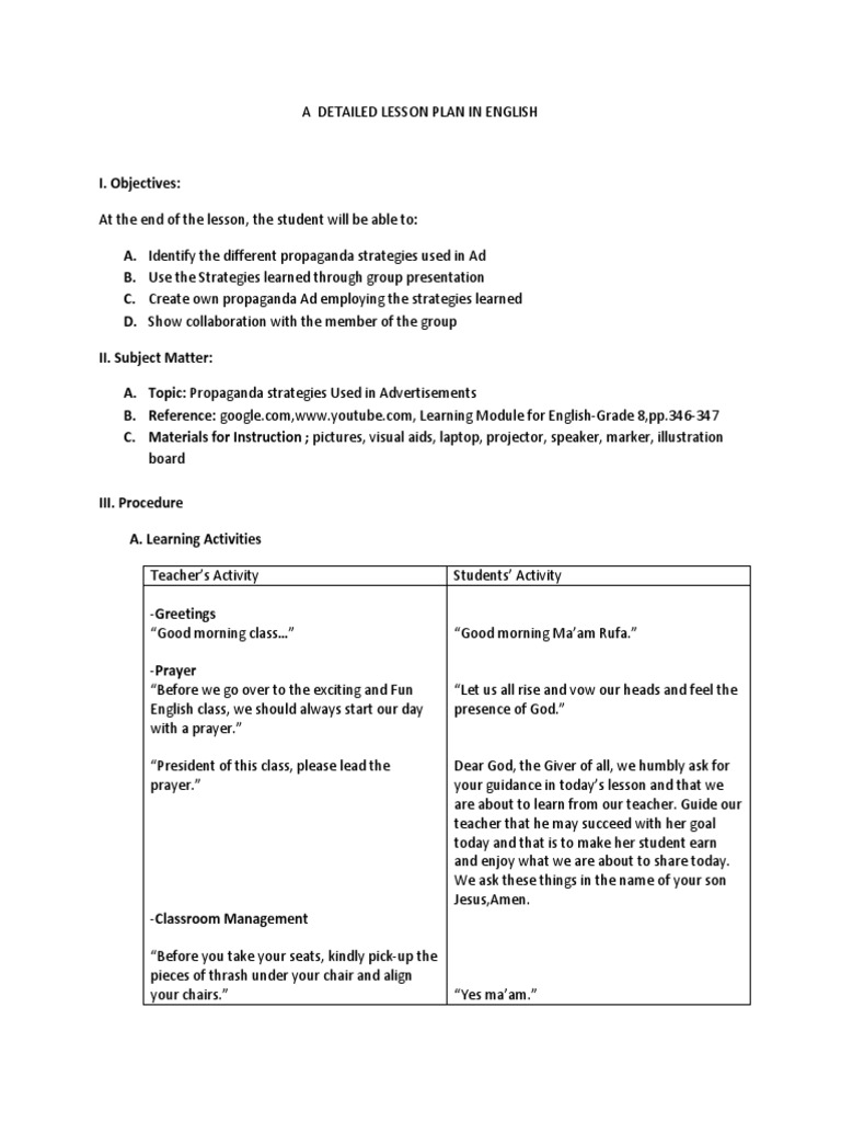 A Detailed Lesson Plan in English | PDF | Propaganda | Advertising
