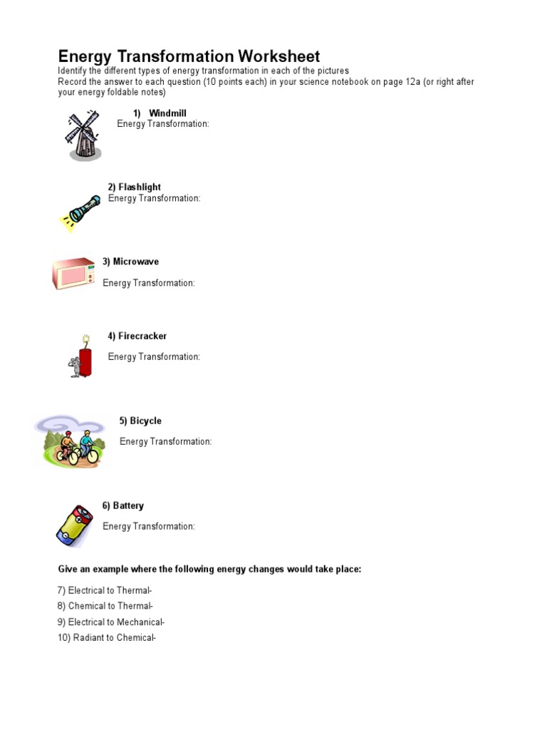 Energy Transformation Worksheet Guide | PDF | Kinetic Energy | Energy ...