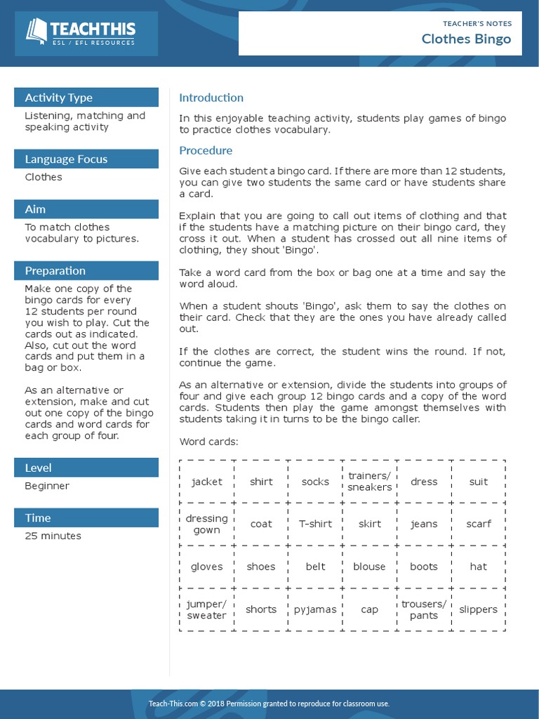 Clothes Bingo: Activity Type | PDF | English As A Second Or Foreign ...